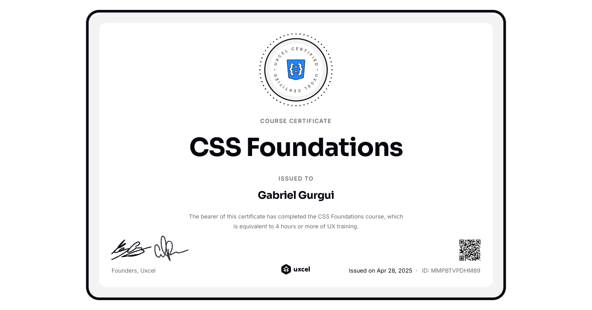 Certificate of completion for CSS Foundations | Uxcel